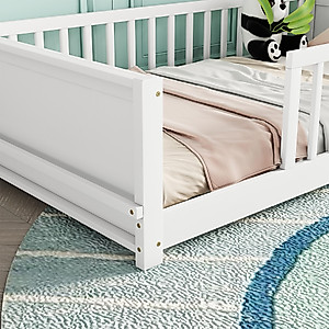 Luxo Abode Twin Size Montessori Floor Bed witn Built-in Book Storage Rack, Solid Wooden Platform Bed Frame Without Door, Easy Assembly, for Toddlers, Children's Room, Playroom, White