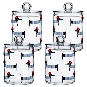 Fustylead 4 Pack Dachshunds Plastic Apothecary Jars with Lid, Bathroom Vanity Storage Organizer Canister for Qtip, Cotton Ball, Swab, Round Pads, Floss