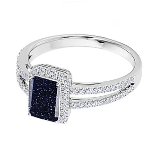 HRG Wedding Ring For Women Blue Sandstone Ring Galaxy Stone Ring Sterling Silver Ring Bridal Ring 7x9 MM Emerald Cut Sandstone Ring (Sterling Silver, 8)