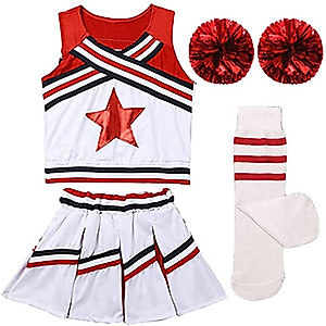 STARINGIRL Girls Kids Cheerleader Uniform Dance Crop Top with Skirt Knee Socks Match Pom poms Set Dress Outfits Set
