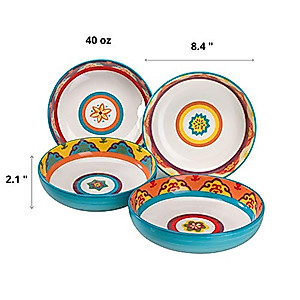 EuroCeramica Galicia Andalusian-Inspired Collection, Pasta Bowls Set of 4, Vibrant Assorted Patterns, Multicolor Design