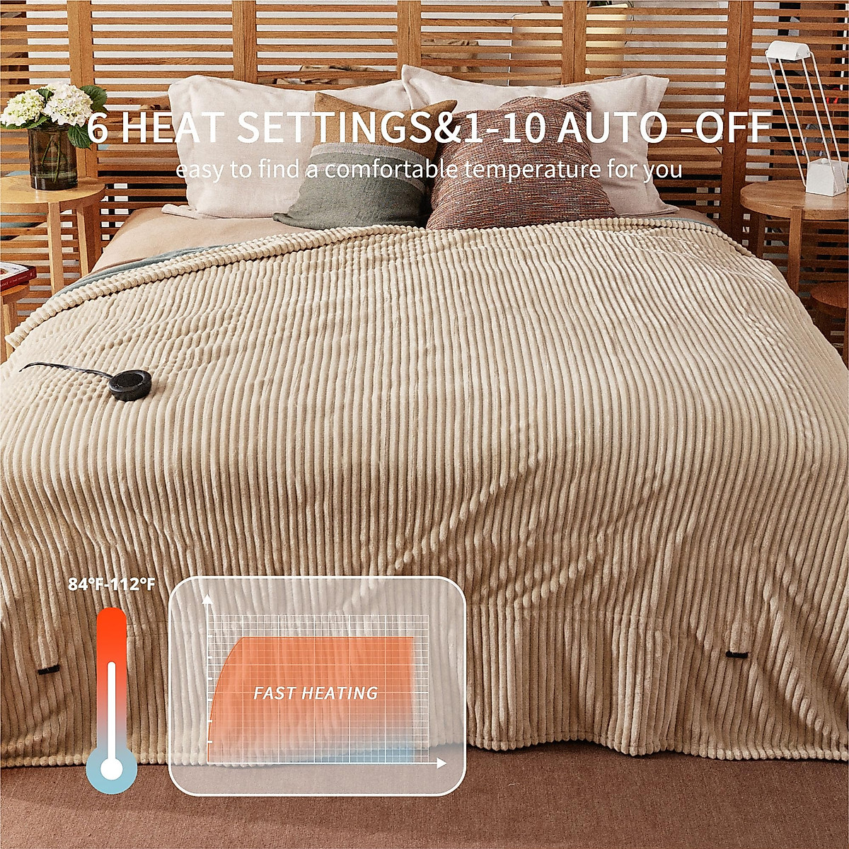 HOMISPRITE Heated Blanket Full Size 72"x84",ETL Certification- 6 Heating Levels Electric Blanket&1-10 Hour Auto Off,Heating Blanket with Dual Controller(Beige)