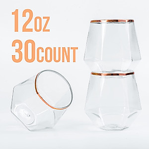 KARRAPAR Plastic Wine Glasses 30 Pcs 12 Oz Clear Diamond Shaped Stemless Rose Gold Rim Disposable Cups For Party Shatterproof Reusable Whiskey Cocktail Tumbler Unbreakable Glass