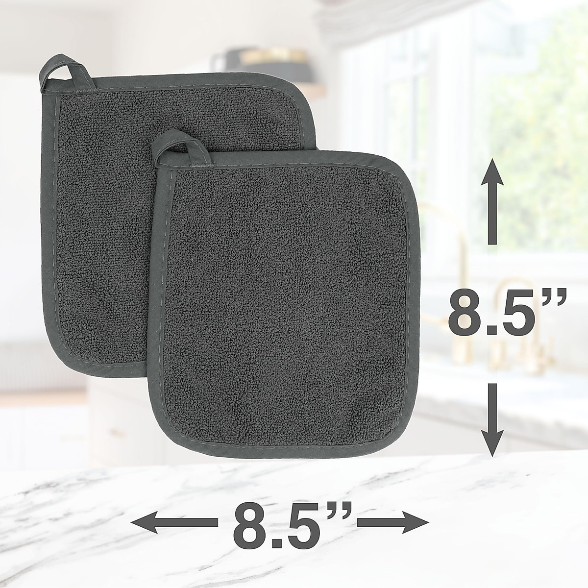 Ritz Terry 100% Cotton Potholders - Heat Resistant, Ergonomic Grip, Machine Washable - Graphite, 2-Pack