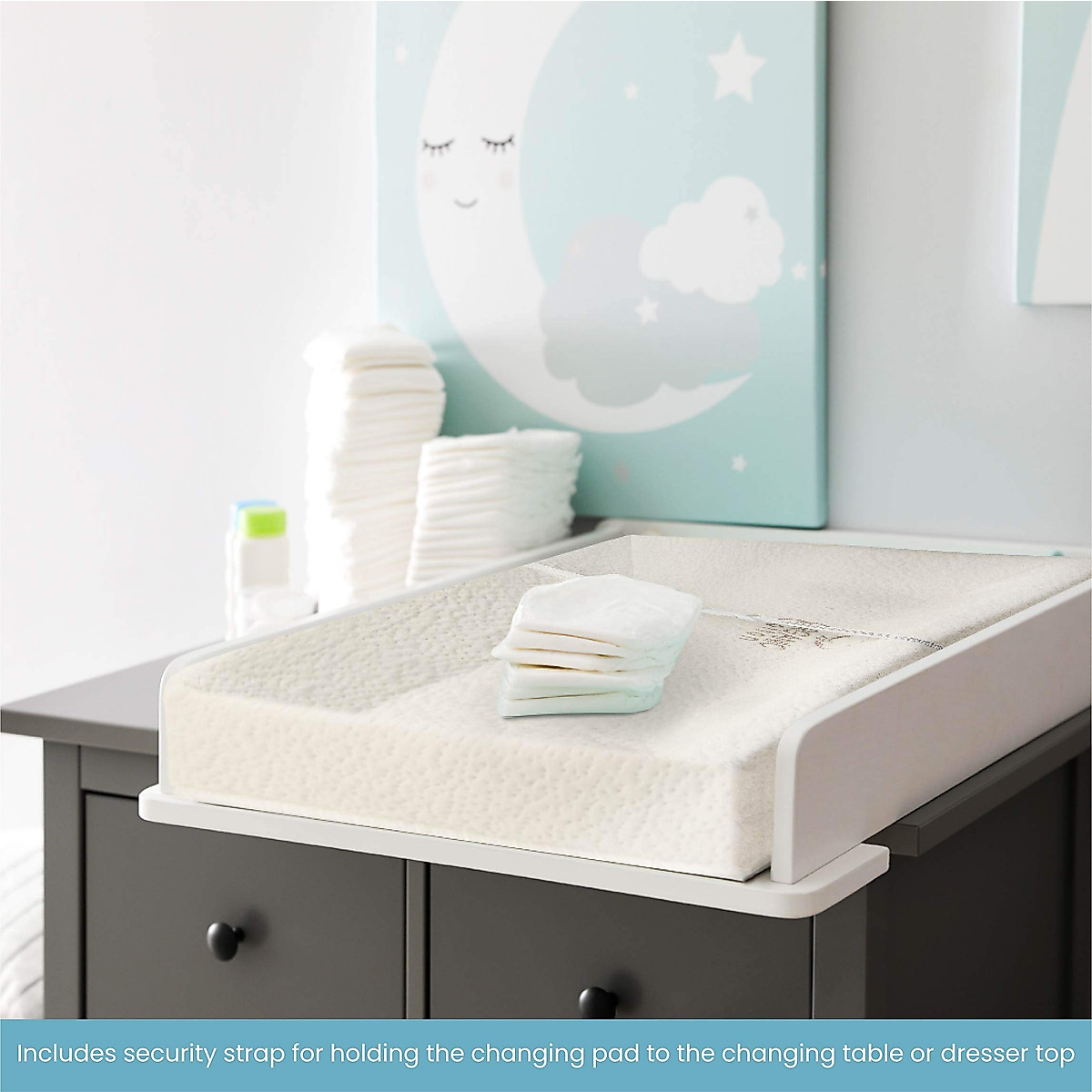 LA Baby 4-Sided Diaper Changing Pad, 32" with 100% Organic Cotton Top Layer on Waterproof Cover - Made in USA. Non-Skid Bottom, Safety Strap, Fits All Standard Changing Tables/Dresser Tops