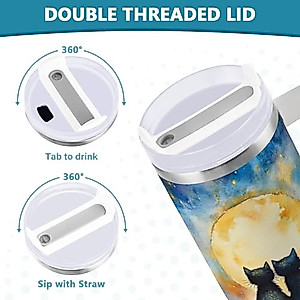 ODAWA Romantic Cats Moon Blue Travel Coffee Tumbler 40 Oz Drinking Cups with Lid and Straw