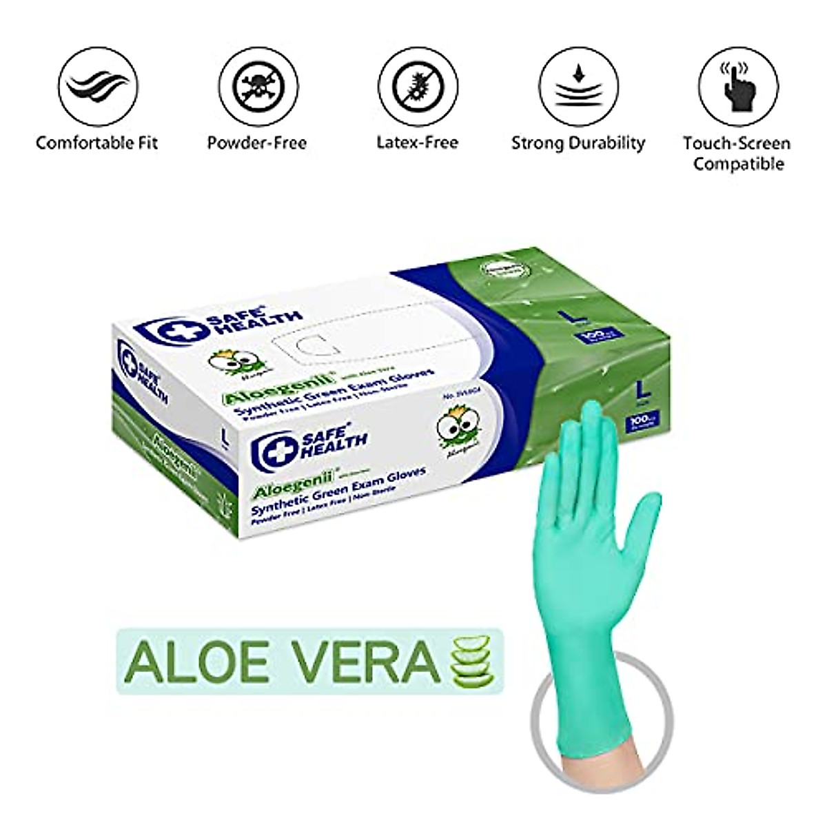 Safe Health Aloegenii HD Green Vinyl Exam Disposable Gloves, Aloe Vera Coated, 5.5 mil, Box of 100, Large, Latex Free, Powder Free, Medical Grade, Clinic, Nursing, Food, Cleaning, Janitorial