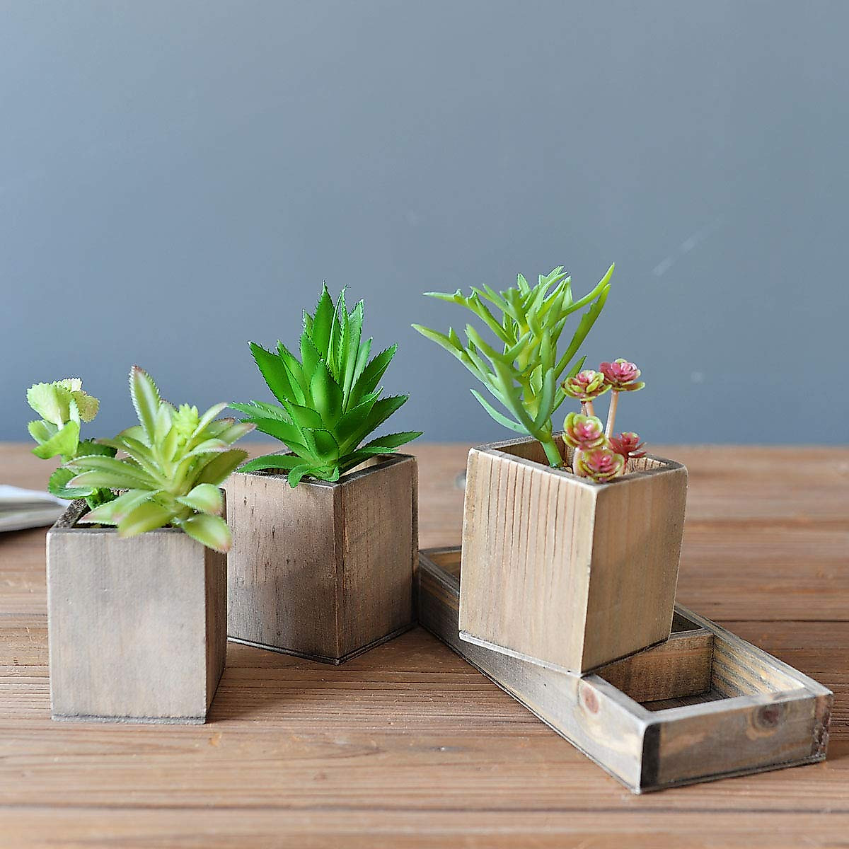 Set of 3 Fake Succulents Plants, Artificial Succulents with Rustic Style Wood Square Pots & Rectangular Tray, Desktop herb Garden Mini Faux Succulents for Home Décor