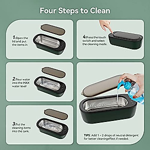 Aparatoo Jewelry Cleaner, 45kHz Ultrasonic Cleaning Machine with 4 Time Modes, Portable Professional Household Cleaner for All Eyeglasses Watches Shaver, BLACK GREEN