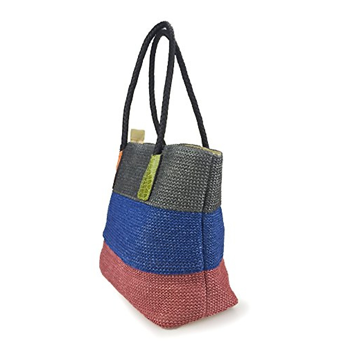 HOXIS Color Block Crocodile Pattern Stripes Woven Synthetic Straw Tote Womens Shoulder Vacation bag (Khaki)