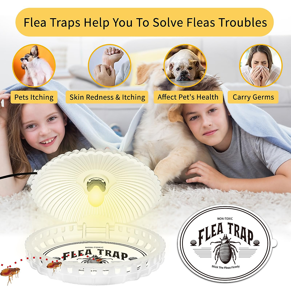 Flea Trap for Inside Your Home, Electric Flea Light, Refillable Flea Traps for Indoor with Refill Including Replacement Sticky Pads and Bulbs, Pet Safe, Pack of 2