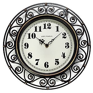 Park Madison Decorative Iron Style Wall Clock 12 Inch Silent Battery Operated Vintage Elegant Retro Clocks for Living Room Decor, Kitchen Office Dining Room Bedroom School Classroom (13736)