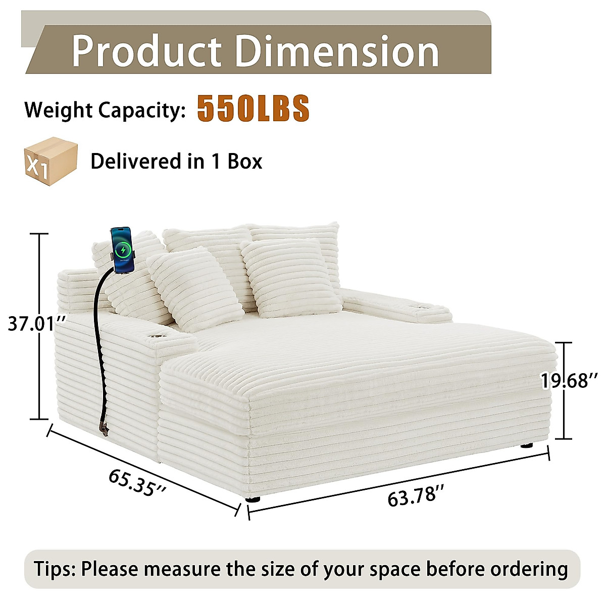 65.35" Oversized Chaise Lounge Chair for 2, Upholstered Sleeper Sofa Bed with Cup Holders | Charging Station | Removable Backrest | Backrest Pilow, Fluffy Chair Sofa Couch for Living Room, Beige