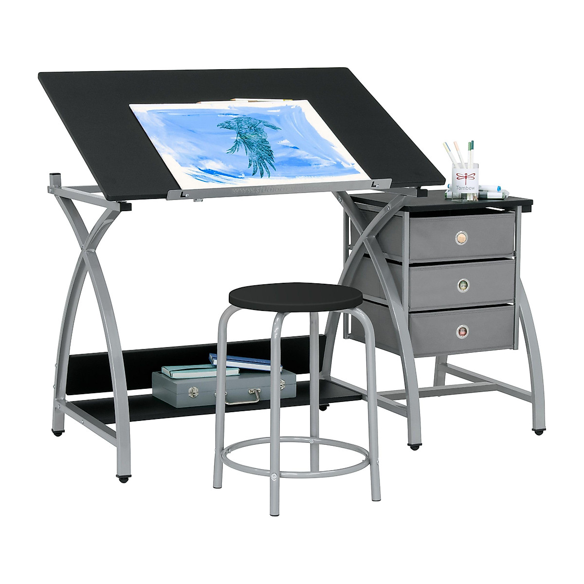 SD STUDIO DESIGNS 2 14 Piece Comet Center Plus, Craft Table and Matching Stool Set with Storage and Adjustable Top, 50x23.75x29.5 inches, Silver/Black