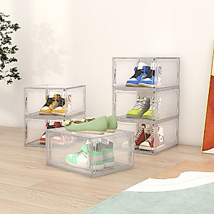 Shoe Storage Boxes, Shoe Organizer Shoe Display Case, Shoe Holder Clear Plastic Stackable Sneaker Box, Zapateras Organizer for Closet Drop Front Shoe Box Fit up to US Size 12(13.4”x 10.5”x 7.4”)