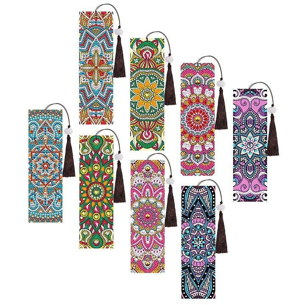 8 Pieces 5D Diamond Rhinestone Painting Bookmark PU Leather Bookmarks Art Beaded Rhinestone Mandala Floral Bookmark with Tassel for Adults