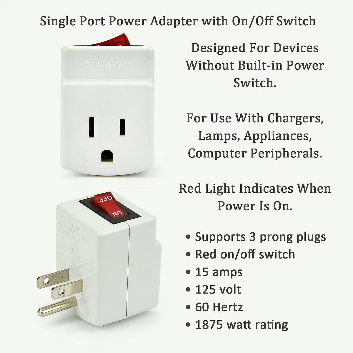 3 Prong Grounded Single Port Power Adapter for Outlet with Indicator Lighted On/Off Switch to be Energy Saving (1 Pack)