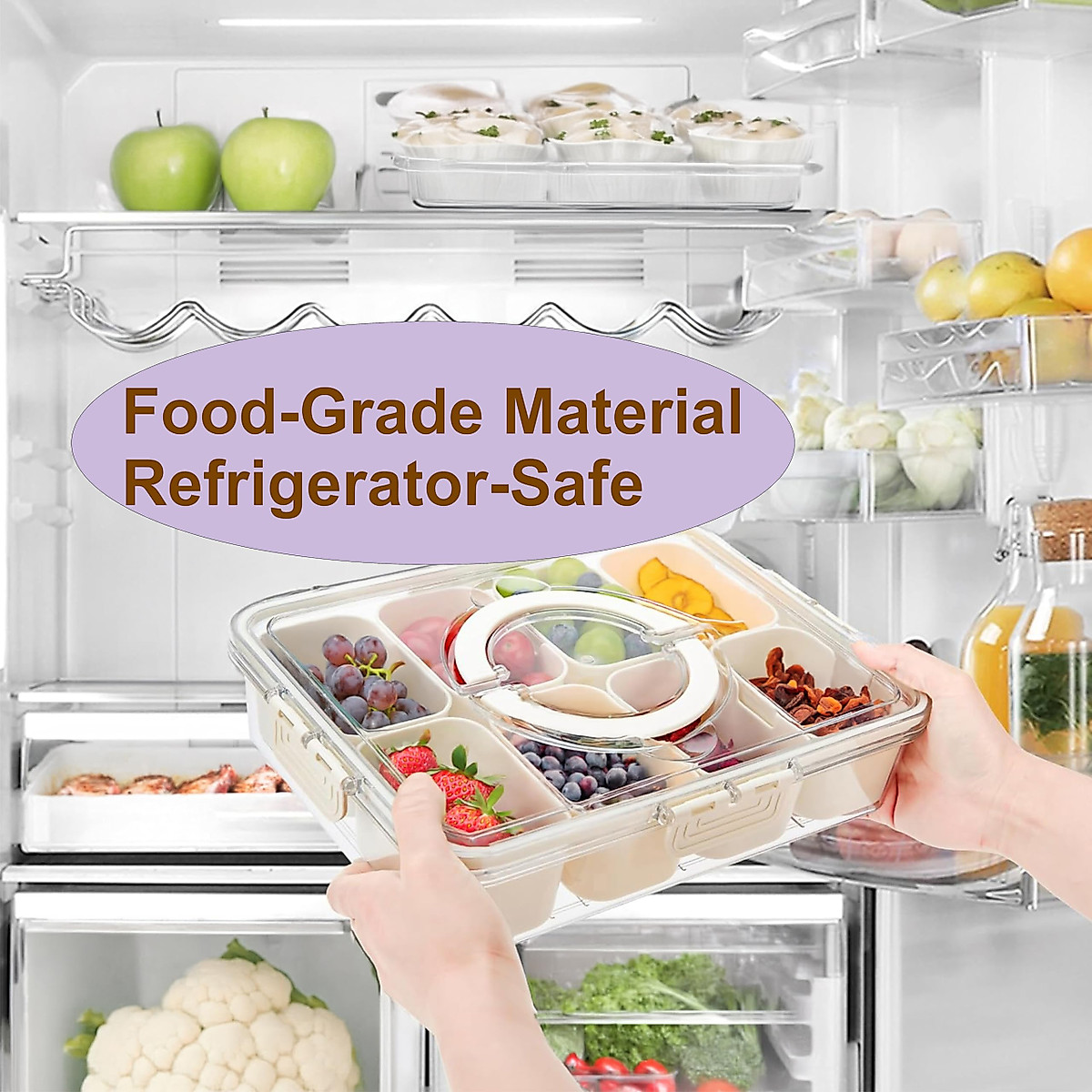 Divided Serving Tray with Lid and Handle - 8 Compartment Portable Snackle Box Charcuterie Container - Clear Snack Organizer for Fruits, Candy, Nuts, Snacks - Ideal for Parties, Travel & Picnics