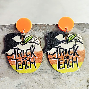 Teacher Earrings Acrylic Rainbow Pencil Book Drop Dangle Wood Earrings Rainbow Pumpkin Apple Spider Bat Stud Earrings Back To School Gift for Teachers Appreciation Day Halloween Gifts-D apple