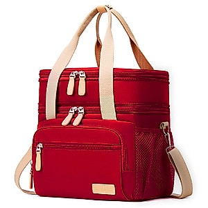 Weitars Lunch Bag for Women, Loncheras Para Mujer Waterproof Reusable Large Dual Compartment Lunch Box Wide-Open Cooler Tote Bag For Teacher Nurse Office Working Picnic Hiking (15L) (Red)