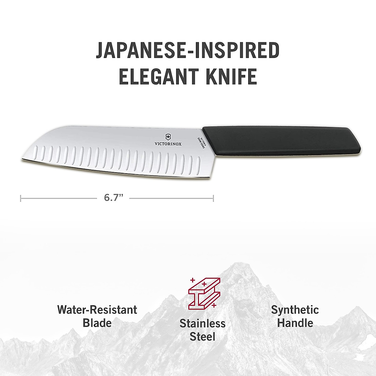 Victorinox 6.9053.17KB Swiss Modern Santoku Knife for General-Purpose Slicing, Dicing, Mincing, and Everything In Between Fluted Edge Blade in Black, 6.7 inches