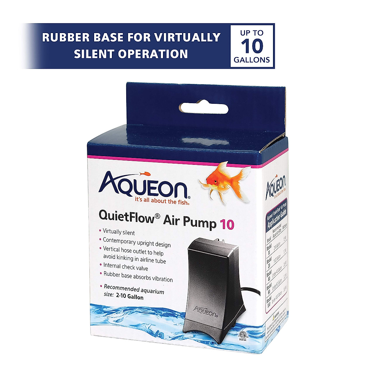 Aqueon QuietFlow Aquarium Air Pump 10, For 2-10 Gallon Tanks, Black