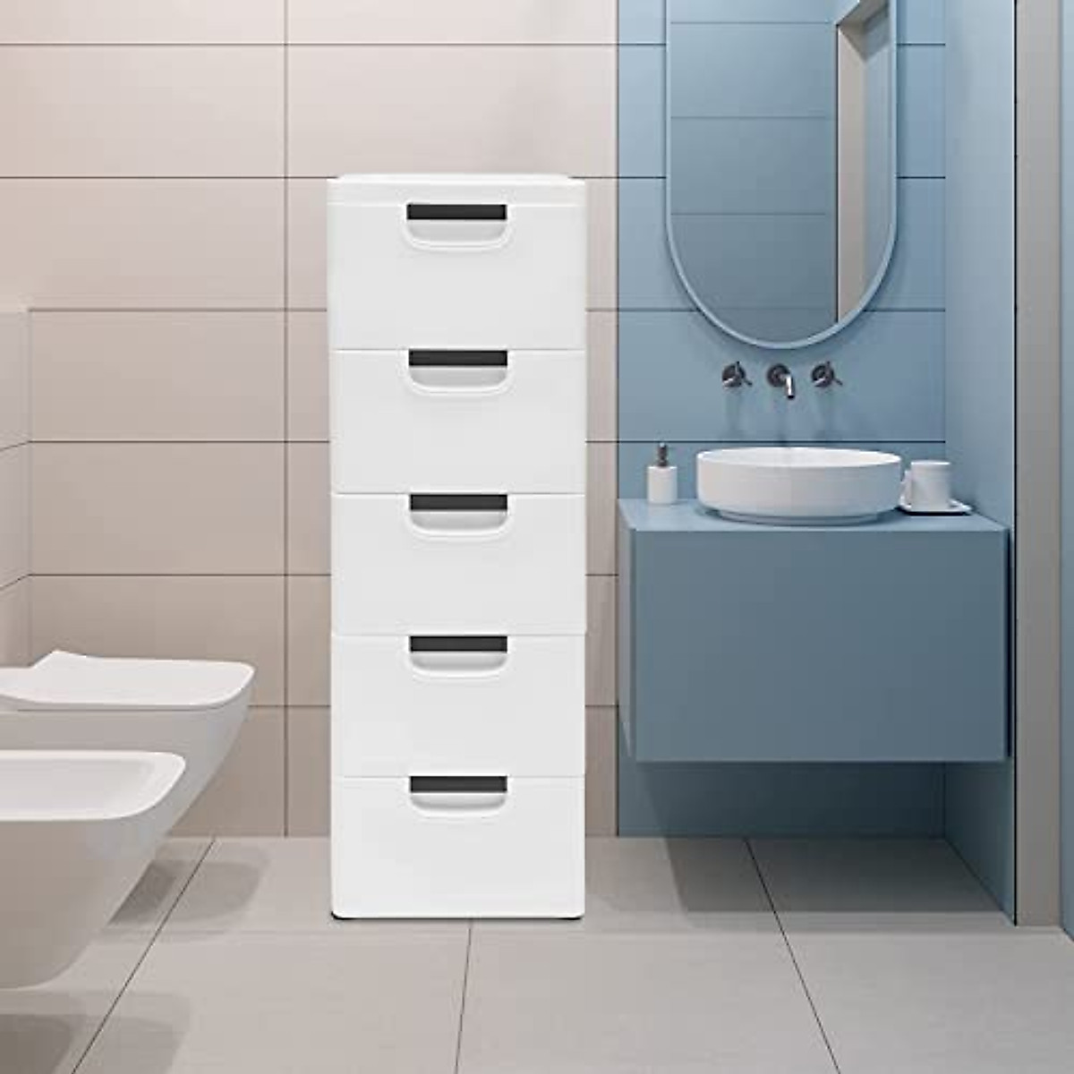 Plastic Storage 5 Drawers Dresser Storage Cabinet, Stackable Vertical Clothes Storage Tower, Modern Plastic Drawers Dresser Closet Drawers Organizer With Wheels for Home, Bedroom Furniture (5 Drawers)