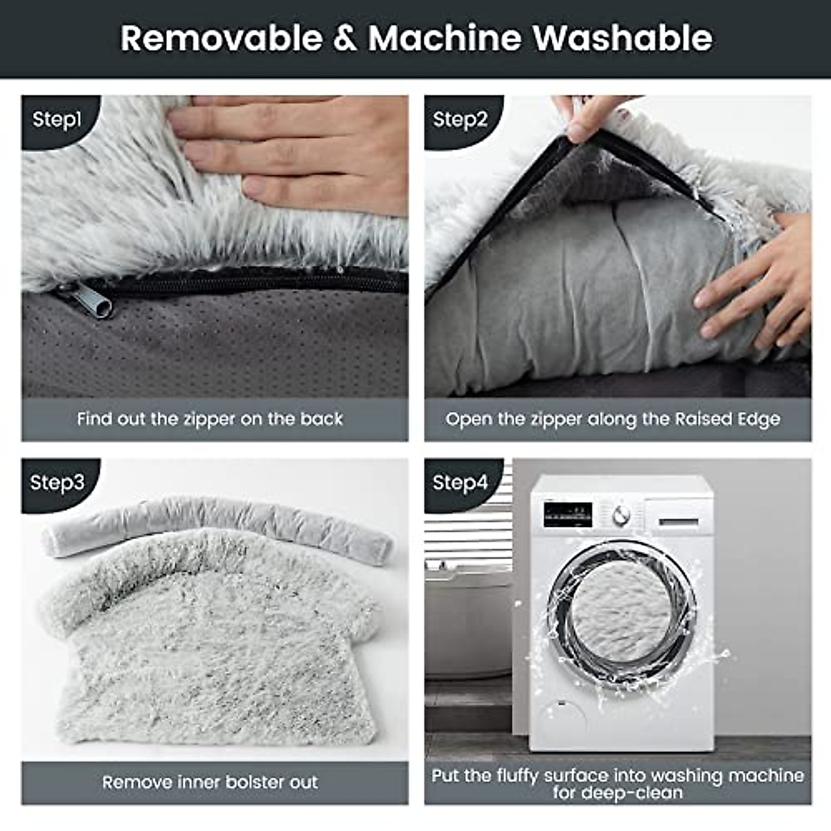 Auemtyn Dog Bed,Calming Dog Beds for Large Dogs,Fluffy Non-Slip 45"x37"x7"Dog Bed Couch Protector with Removable Pet Soft Neck Bolster,Washable Dog Bed Cover with Hidden Zipper（White）