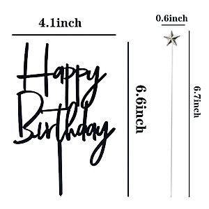 Set of 1 Black Acrylic Happy birthday Cake Topper,5 pcs silvery Star Cake Cupcake Topper(Black 1)