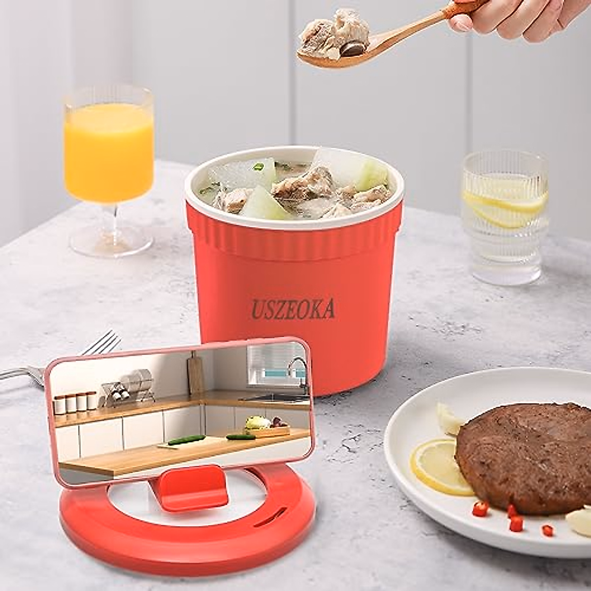 Uszeoka Ramen Cooker, Mini Electric Pot 1L, 450W Electric Hot Pot Electric Cooker, Portable Pot Noodle Cooker for Pasta Steak Egg with Over-Heating Protection, Dorm Room Cooking Appliances, Red