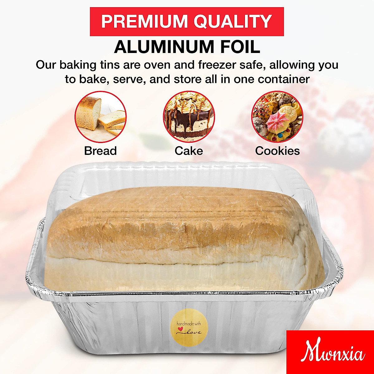 Mwnxia Mini Loaf Pans with Lids 50 Pack Small Aluminum Pans with Lids complete with Handmade with Love Stickers for Baking Bread, Fruit Cake, Banana Bread, Meat loaf and Baked Goods
