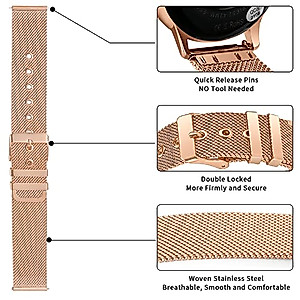 iCover Watch Band 18mm 20mm 22mm quick release Replacement bands Compatible for Smart watch or traditional watch, Universal Stainless steel Metal Mesh Watch strap for Men Women (20mm, Rose Gold)
