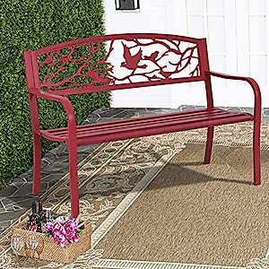 Tangkula Outdoor Garden Bench Park Bench, Patio Red Bird Bench Loveseat W/Backrest & Armrests, Heavy-Duty Steel Frame, Outdoor Furniture Bench Chair for Garden Courtyard Lawn Porch