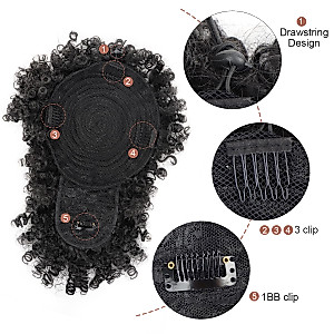 Cetiq Afro Puff Drawstring Ponytail with Bangs Pineapple Updo Hair for Black Women, Short Kinky Curly Ponytail Bun (1B)