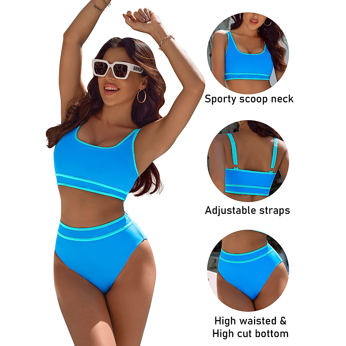 BMJL Women's High Waisted Bikini Sets Sporty Two Piece Swimsuits Color Block Cheeky High Cut Bathing Suits(M,Blue)