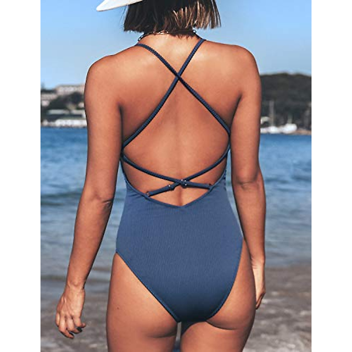 CUPSHE Women's Solid Color V Neck Lace Up One Piece Swimsuit, Blue, XL