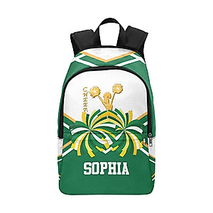 CUXWEOT Personalized Cheer Cheerleader Gold Green Backpack with Name Custom Travel Bag for women Men