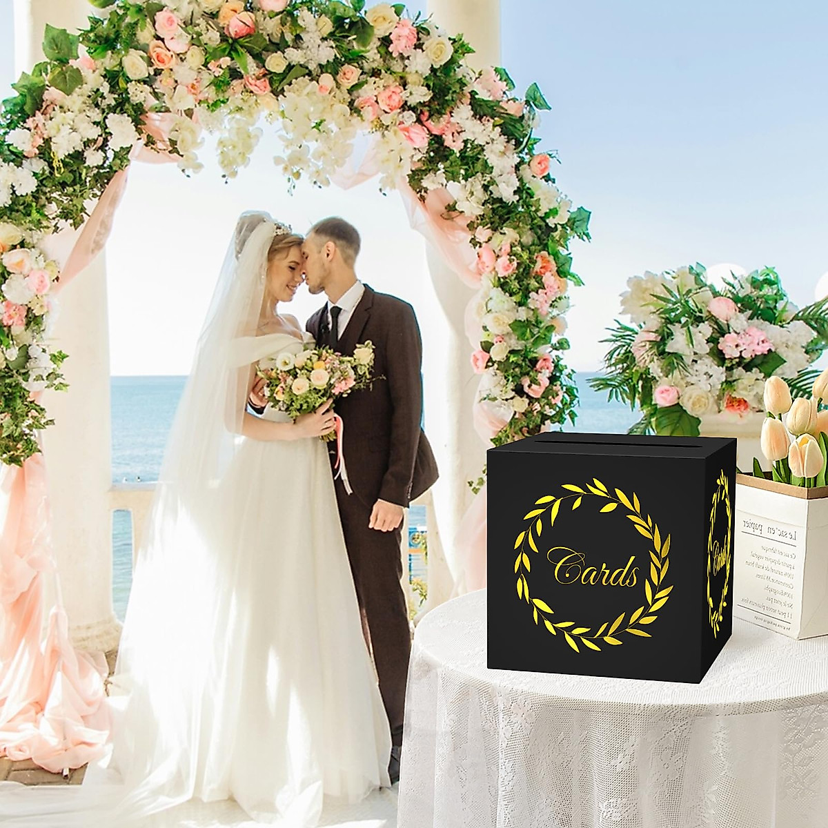 Black Card Box for Party, 8.7" Leaf Gold Foil Design Gift Cards Receiving Box Holder for Wedding, Bridal Shower, Graduation, Birthday, Retirement, Baby Shower, Anniversaries Party Decorations