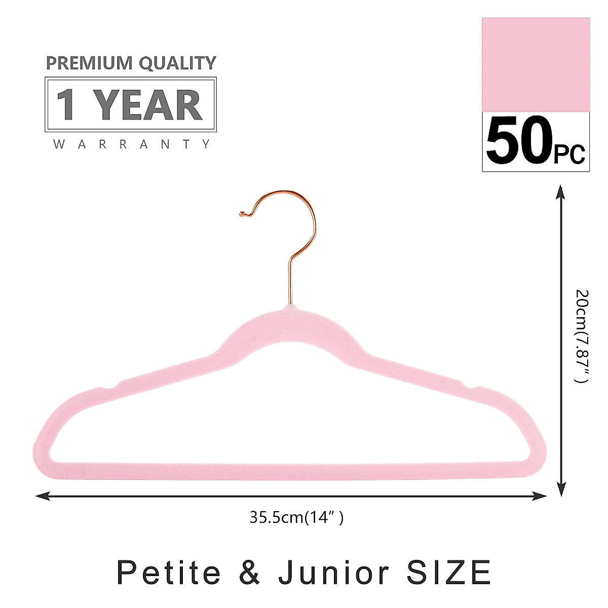 MIZGI Premium Kids Velvet Hangers (Pack of 50) 14" Wide with Copper Rose Gold Hooks,Space Saving,Nonslip Huggable Closet Hangers for Petite Junior Children's Skirt Dress Pants,Clothes Hangers
