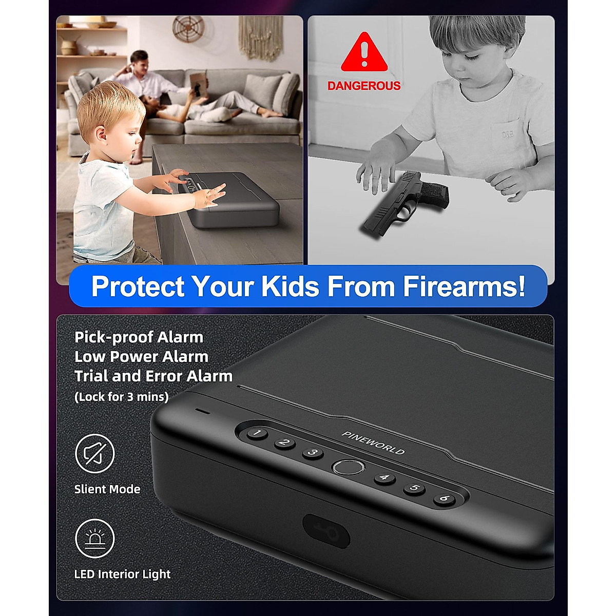 PINEWORLD Biometric Gun Safe, Smart Handgun Safe, 4-Quick Access Pistols Safe With Fingerprint/Key/Passcode/APP For Belongings, Gun Lock Box For Nightstand, Car, Home with Light/Full Voice Prompt