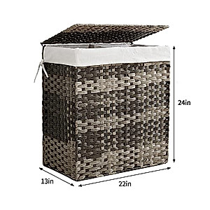 Caozichun Laundry Hamper, 110L Divided Laundry Basket with Removable Liner Bag, Handwoven Synthetic Rattan Clothes Hamper with Lid and Handles, Foldable, 22 x 13 x 24 Inches, Gray