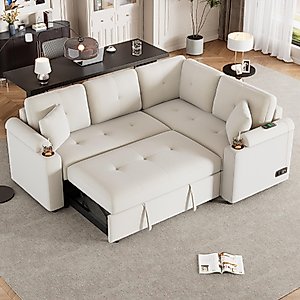 P PURLOVE Sectional Sofa with Pull-Out Sofa Bed, Boucle L-Shape Sleeper Sofa with Wheels, USB Charging Port and Power Sockets, Modern Upholstered Couch for Living Room, Bedroom, Apartment (Beige)