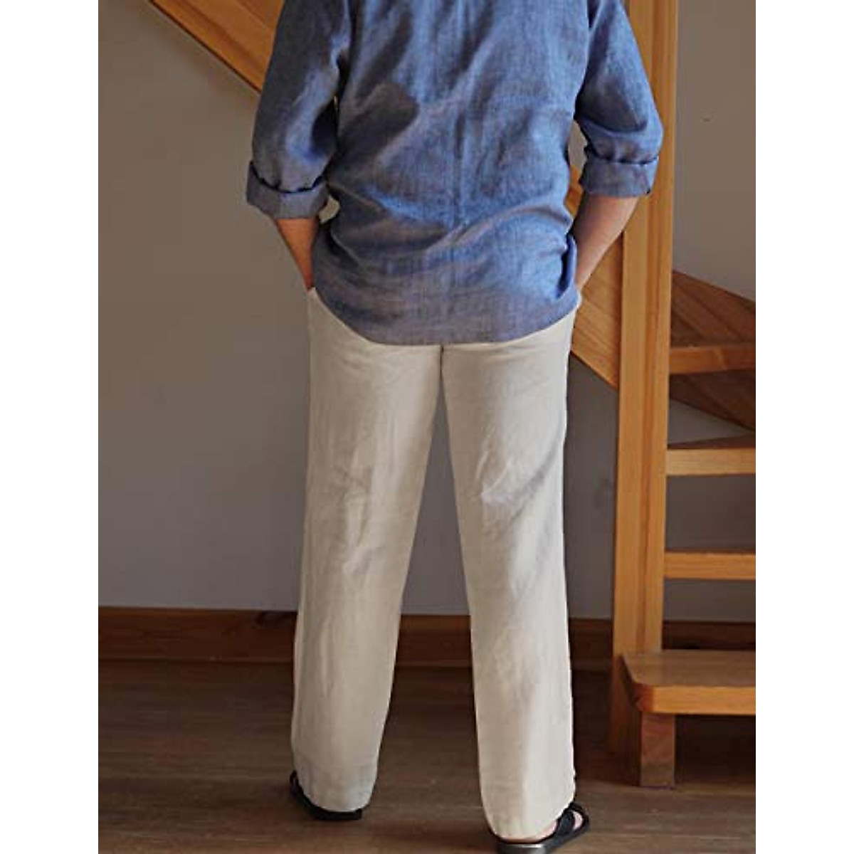 poriff Men Pants Elastic Waistband Drawstring Line Pants Mens Running Pants Khaki, M