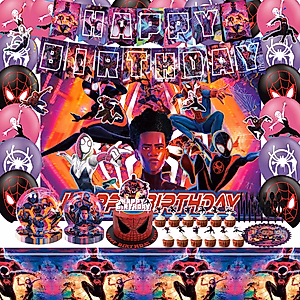 Miles Morales Birthday Party Supplies, Miles Morales Party Decoration Include Banner, Backdrop, Hanging Swirls, Balloons, Tablecloth, Cake Toppers, Tableware, Miles Morales Party Favors