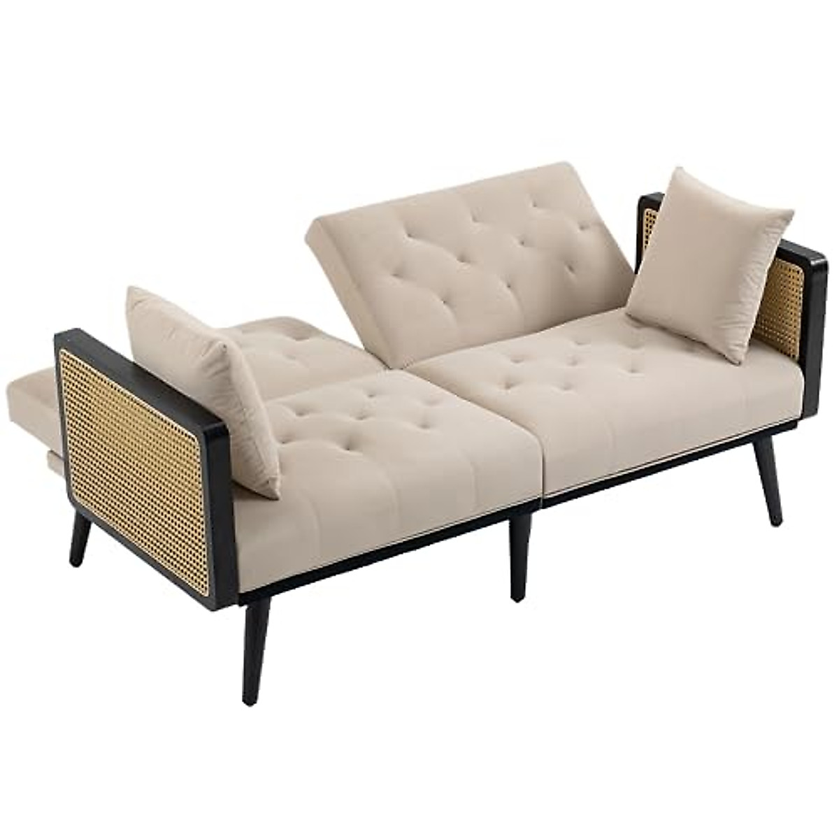 Lin-Utrend Velvet Loveseat Sofa with Rattan Armrest,61" Convertible Futon Sofa Bed,Sleeper Sofa Couch Loveseat for Small Space,Living Room,Apartment