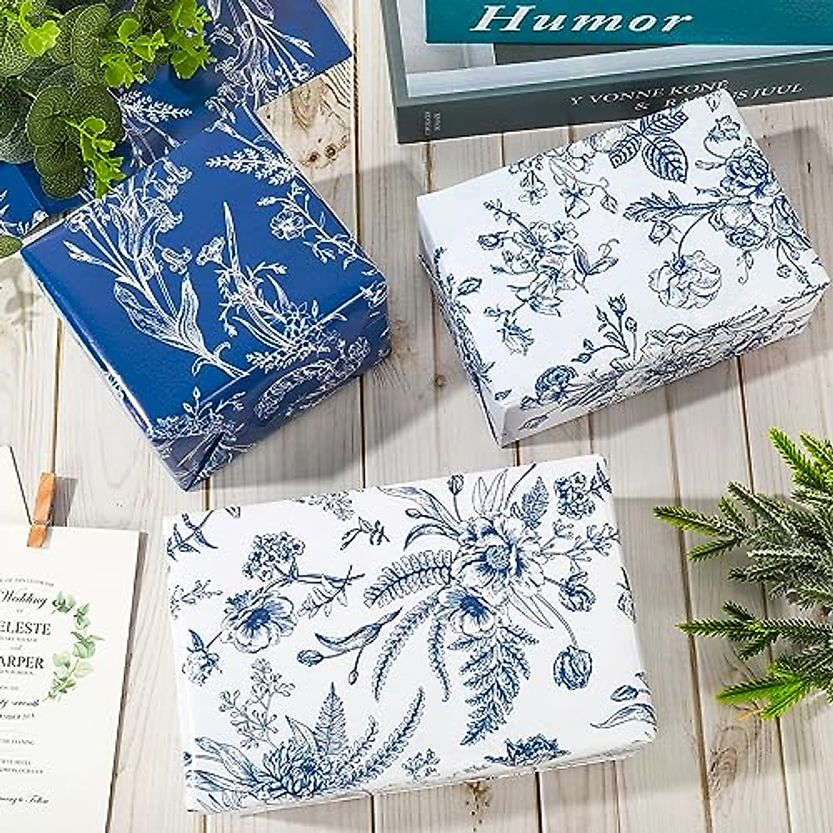 AnyDesign Blue Floral Wrapping Paper Blue White Wild Flower Gift Wrap Paper Bluk Folded Flat Wild Floral Art Paper for Wedding Birthday Baby Shower DIY Craft Gift Wrapping, 19.7 x 27.6 Inch, 8 Sheet