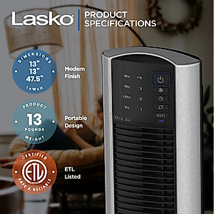 Lasko XtraAir 48 Inch 4 Speed Quiet Widespread Oscillating Standing Tower Home Fan Air Ionizer with Remote Control and 8 Hour Timer, Silver