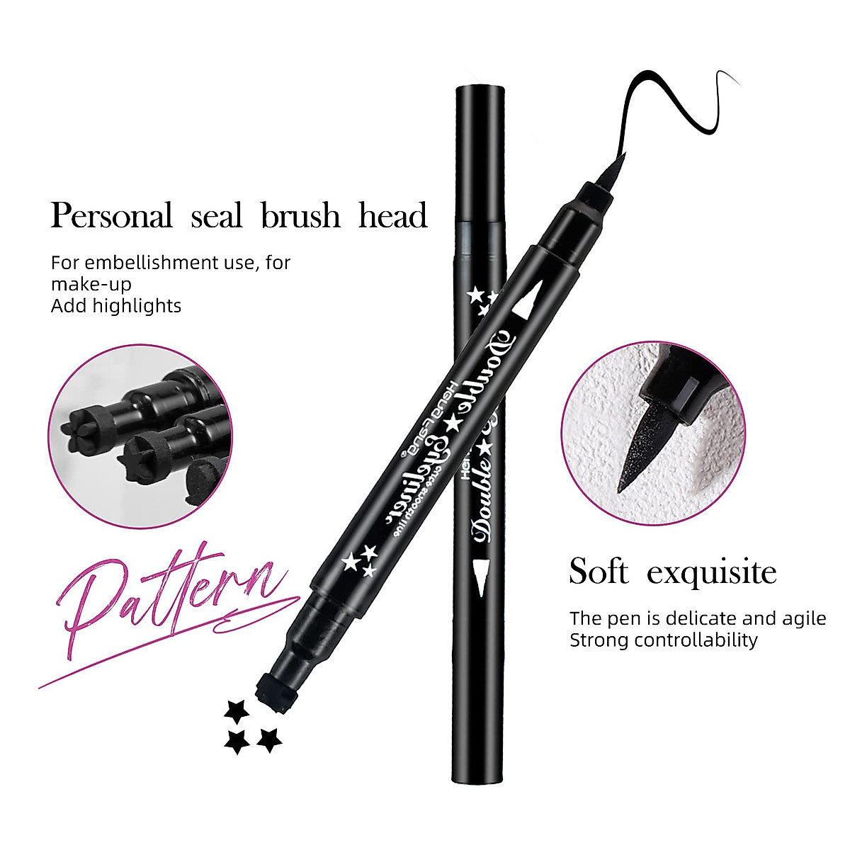LAMUSELAND Eyeliner Stamp Wingliner, Waterproof Smudgeproof Liquid Eye Liner Gel Pen Set, Long Lasting Heart Black Thin Double Ended Pencil Makeup Tools for Women (A Star)