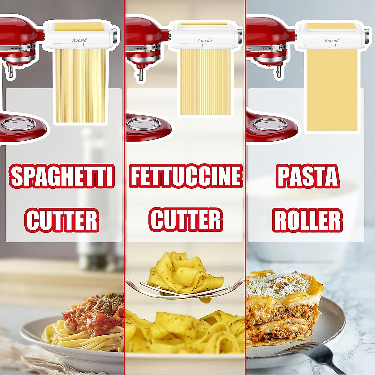 Pasta Maker Attachment for ALL KitchenAid Stand Mixers,Noodle Maker Kitchen Aid Mixer Accessories 3-in-1 Including Dough Roller Spaghetti Fettuccine Cutter and Cleaning Brush - Pasta Roller and Cutter