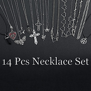 LIRUNQIN 14 Pcs Grunge Goth Necklace Set Y2k Grunge Jewelry Gothic Cross Y2k Star Emo Accessories Y2k Jewelry Set for Women Men